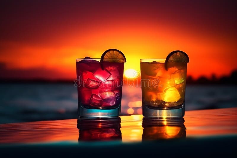 Cocktail on Tropical Sunset Beach Abstract Background, Drink and Summer ...