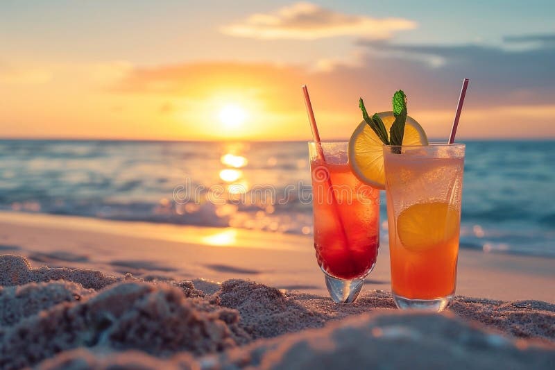 Cocktails on the Beach at Sunset Time. Stock Illustration ...