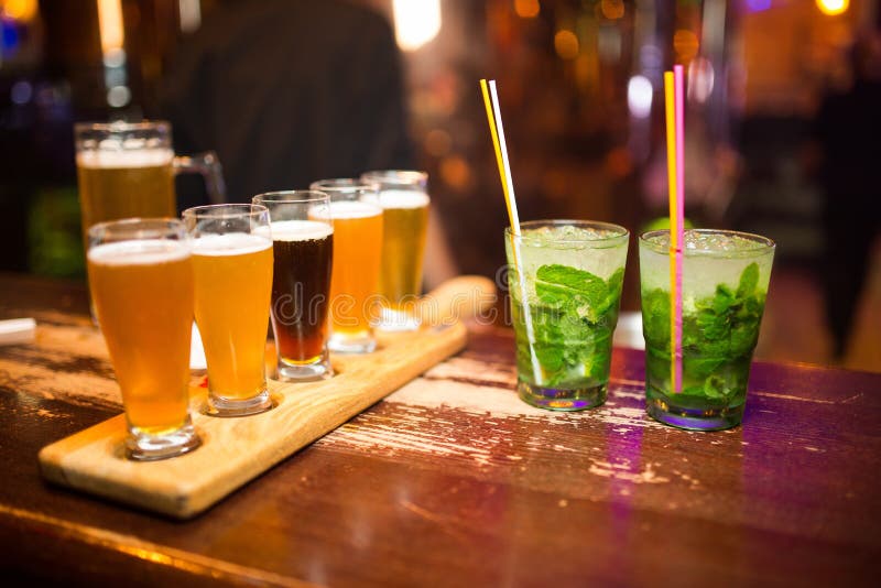 Cocktails and Beers on the Bar. Stock Image - Image of label, champagne ...