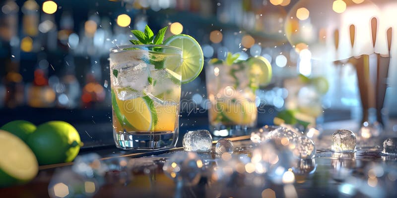 Cocktails with Lime and Ice on Bar Counter Background Stock ...