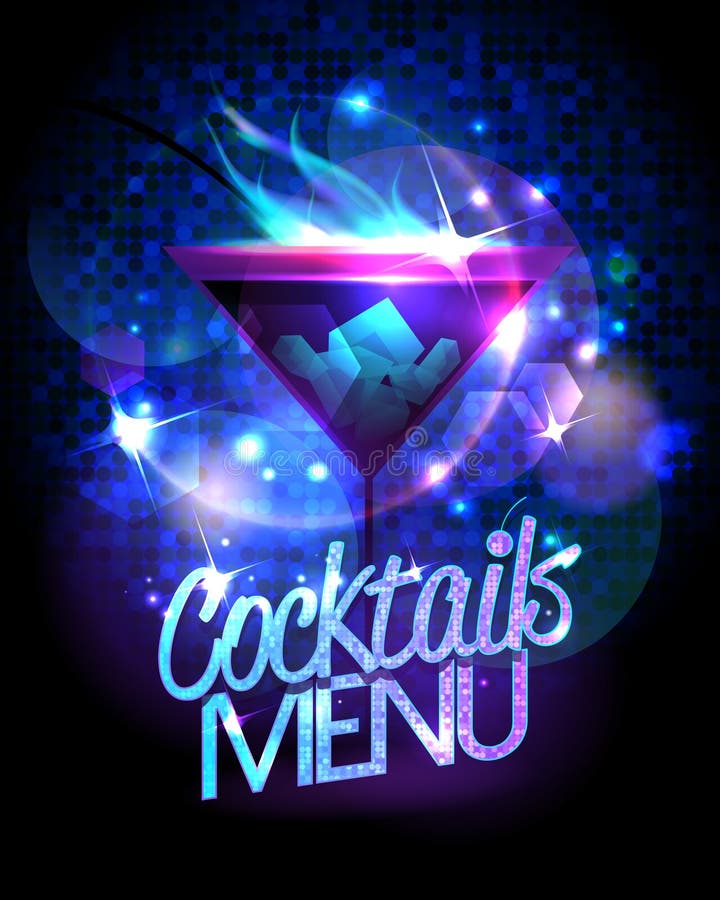 Cocktails Menu Card Cover with Neon Lights and Burning Cocktail Stock ...