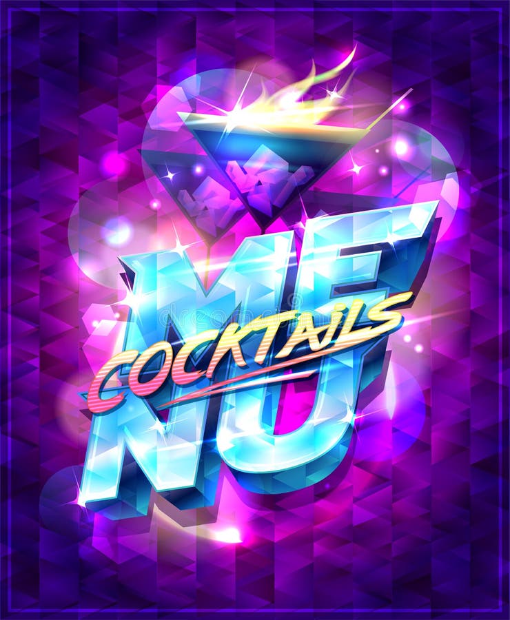 Cocktails Menu Card Cover with Neon Lights and Burning Cocktail Stock ...