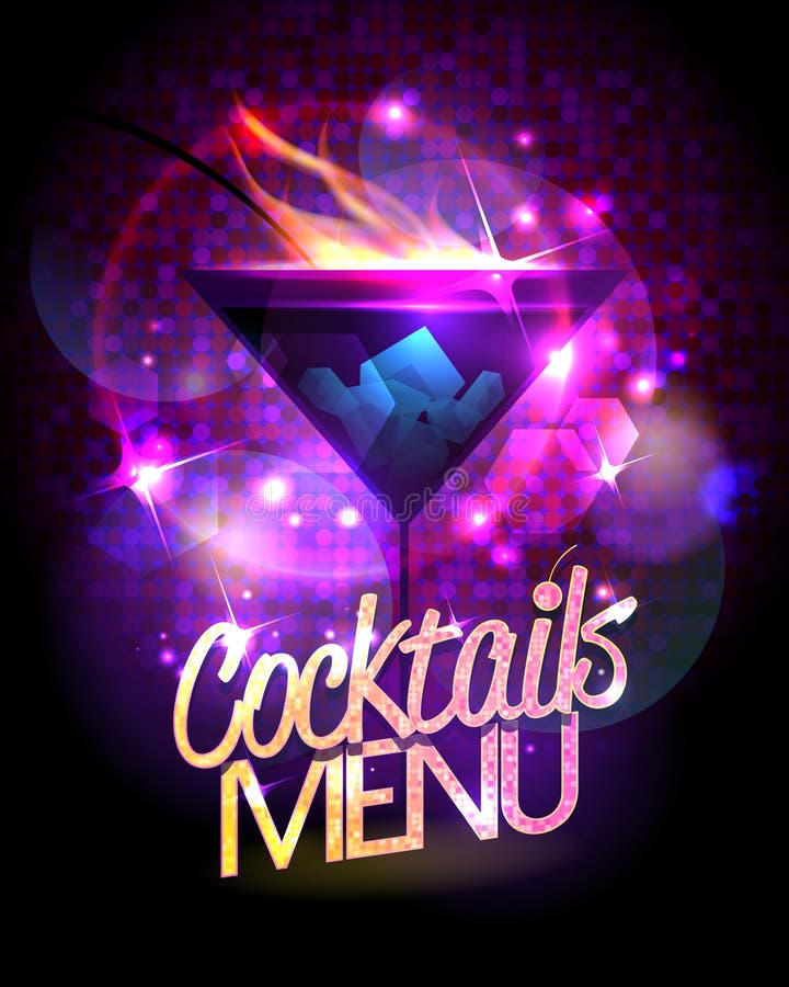 Cocktails Menu Card Cover with Neon Lights and Burning Cocktail Stock ...