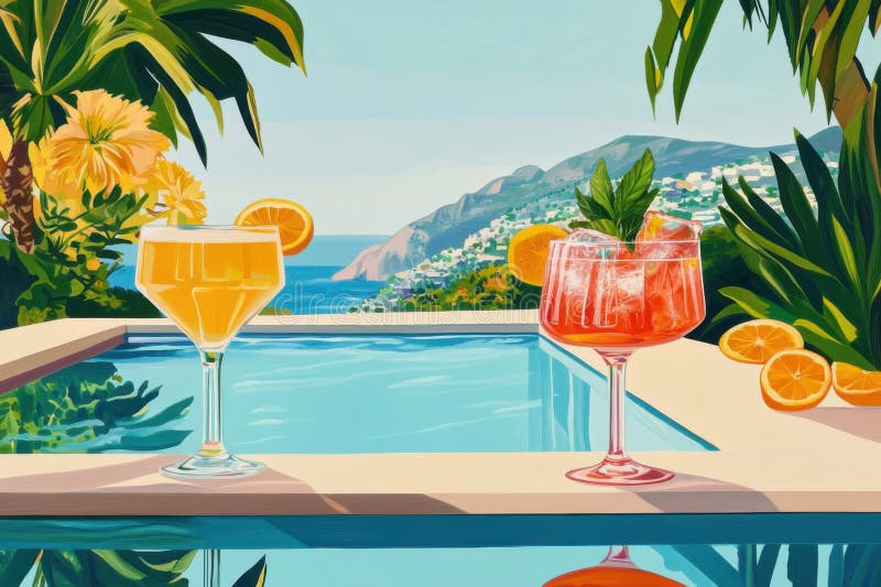 Cocktails by the Pool Overlooking the Mediterranean Sea in Capri Stock ...