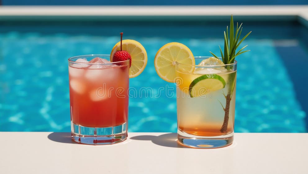 Cocktails by the Pool with Selective Focus Poolside Cocktail Hour Stock ...