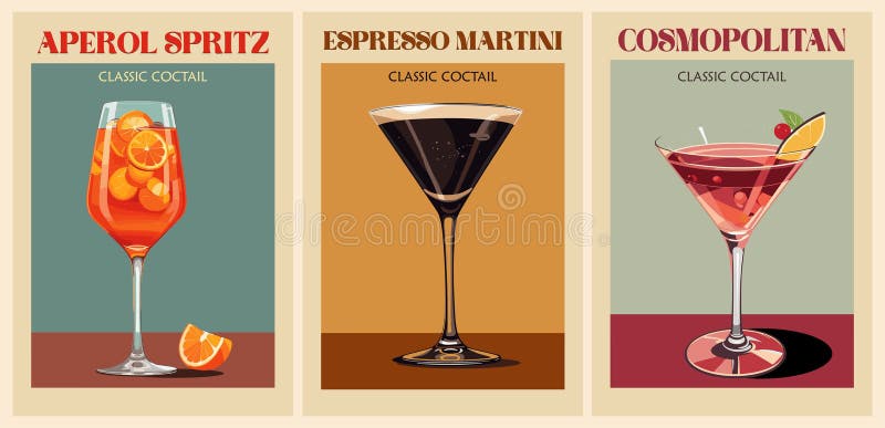Cocktails Retro Poster Set Blue Lagoon Daiquiri Stock Vector
