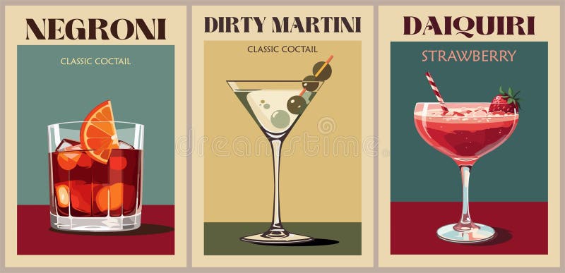 Cocktails Retro Poster Set Vector Kitchen Wall Art Stock Vector