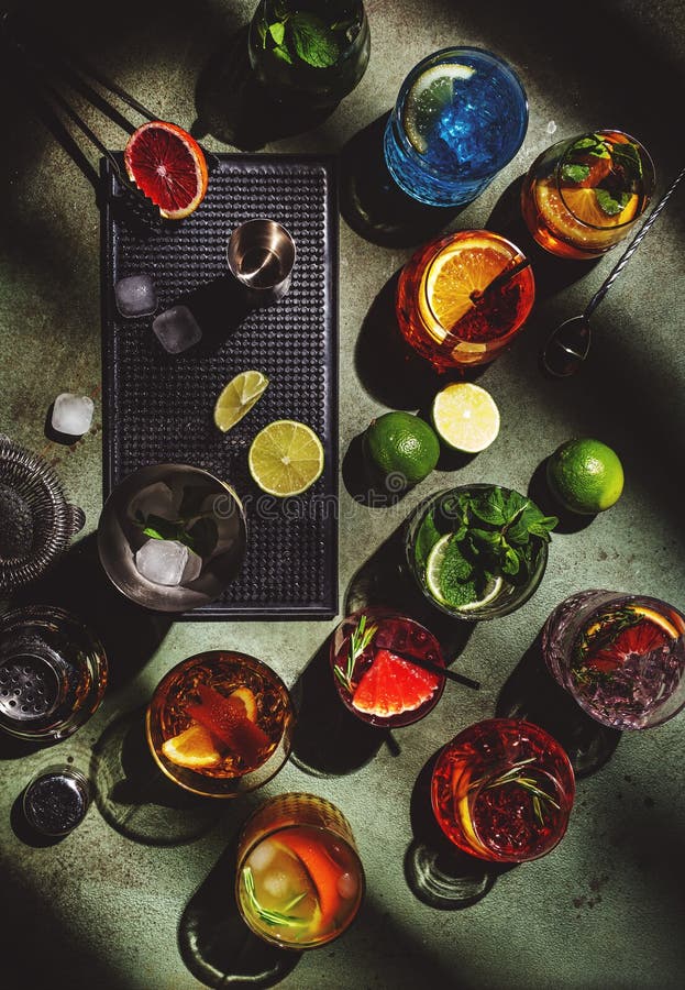 Cocktails Set On Rusty Green Bar Counter Top View Mixology Concept Stock Image Image Of