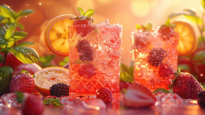 Cocktails with Various Fruits on the Background. Fruit Cocktails in the ...