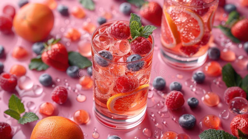 Cocktails with Various Fruits on the Background. Fruit Cocktails in the ...