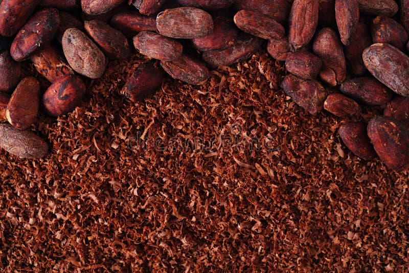 Cocoa Beans and Grated Chocolate Background Stock Photo - Image of food ...