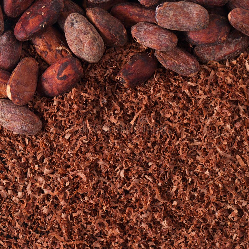 Cocoa Beans and Grated Chocolate Background Stock Image - Image of heap ...