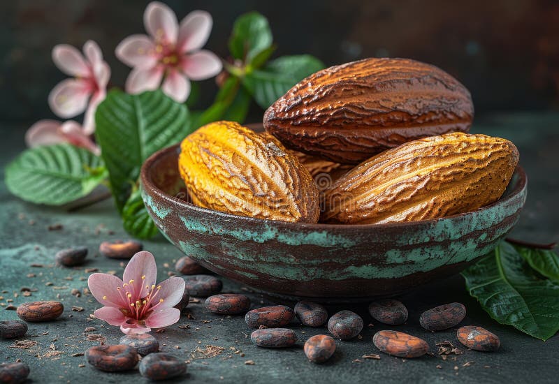 Cocoa Beans and Cocoa Pod in Bowl Flowers and Leaves of Cocoa Tree on ...