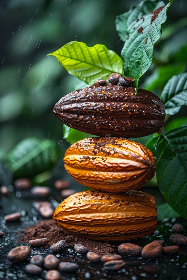 Cocoa Beans and Cocoa Pod on Wet Green Leaves Stock Photo - Image of ...