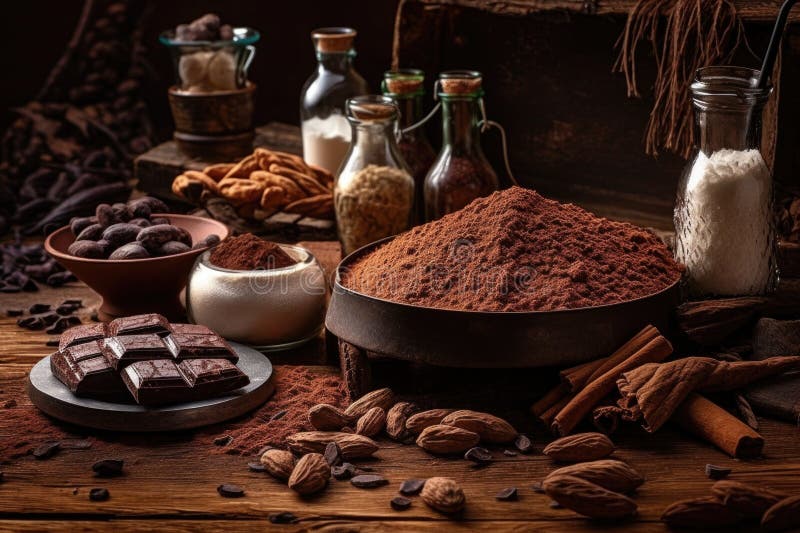 Cocoa Beans, Powder, and Chocolate Pieces on Rustic Table Stock ...