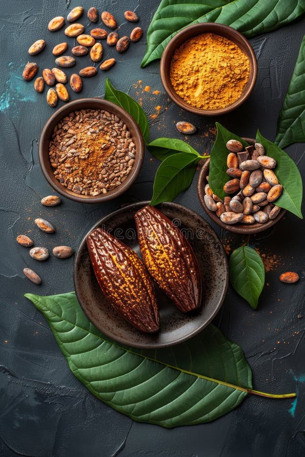 Cocoa Beans Cocoa Powder Cocoa Pods and Cocoa Leaves on Dark Background ...