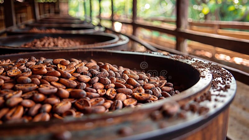 Cocoa Beans are Spread Out in Containers, Drying Naturally in a Warm ...