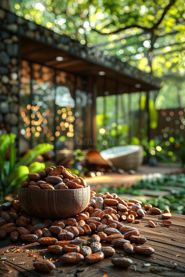 Cocoa Beans In Wooden Bowl A Cacao Seed And Cocoa Beans On Wooden Table Stock Image Image Of