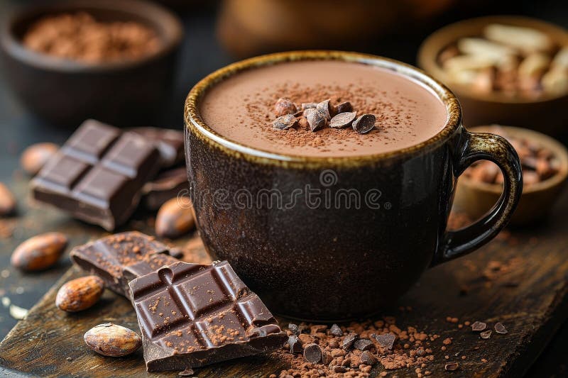 A Cocoa Drink Served in a White Mug with Cocoa Beans Placed on a Wooden ...