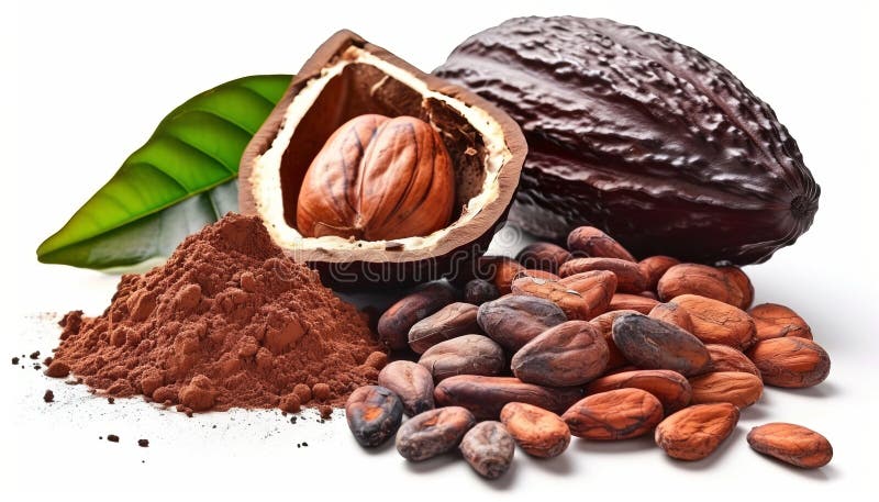 Cocoa Fruit with Seed or Nut and Powder Isolates on White Background ...