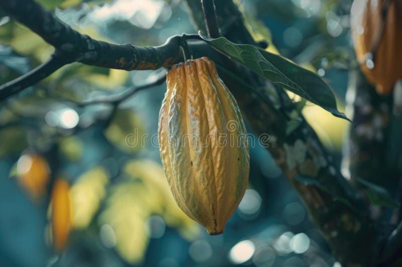 Cocoa pod on tree branch stock image. Image of fruit - 374171243