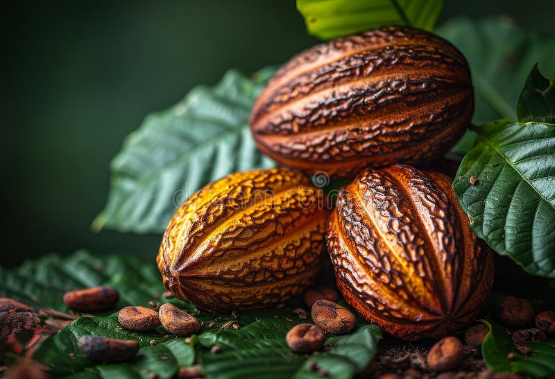Cocoa Pods Cocoa Beans and Cocoa Leaves on Background of Green Leaves ...