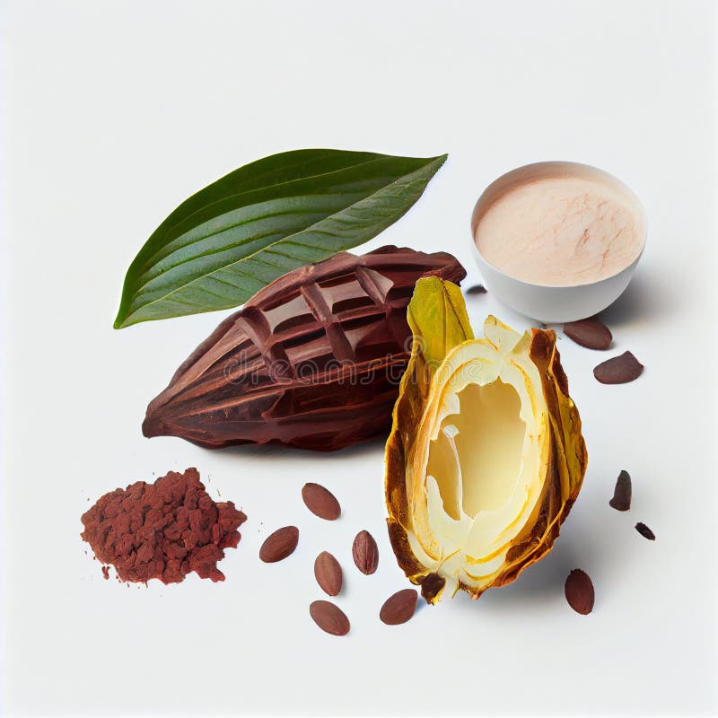 Cocoa Pods with Cocoa Leaf on a White Background Stock Illustration ...