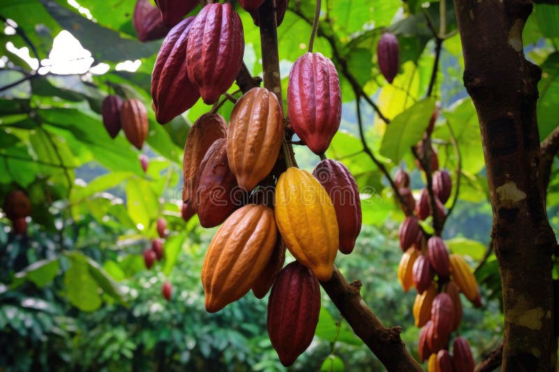 Cocoa pods on the tree stock illustration. Illustration of grow - 292353171