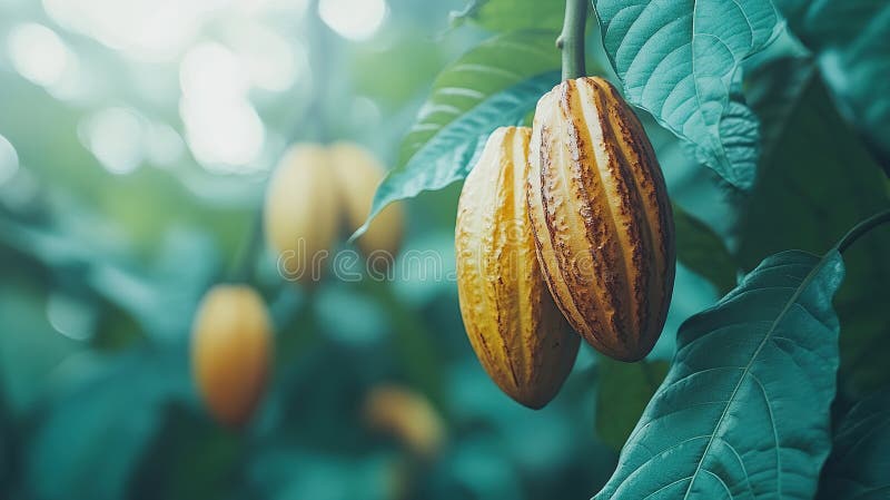Cocoa pods on a tree stock illustration. Illustration of green - 370208432