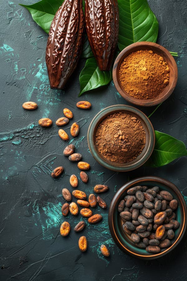 Cocoa Powder Cocoa Beans and Cocoa Pods on Dark Background. Top View ...