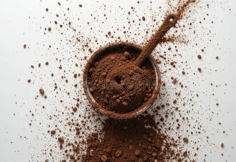 Cocoa Powder in Bowl with Spoon and Scattered Beans on White Stock ...