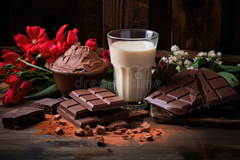Cocoa Powder, Chocolate Bar, and Milk on Table Stock Photo - Image of ...