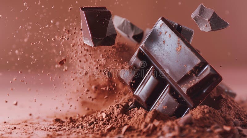 Cocoa Powder with Chocolate Pieces and Curls Explosion on Black ...