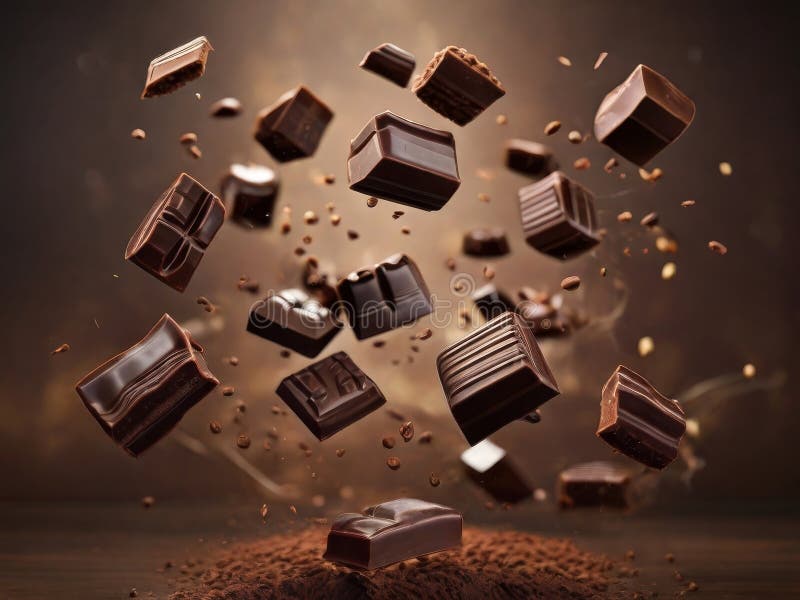 Cocoa Powder with Chocolate Pieces and Curls Explosion on Black ...