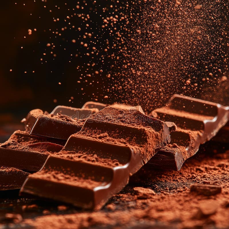 Cocoa Powder Dusting Adorns Chocolate Bar Pieces Set Against a Dark ...