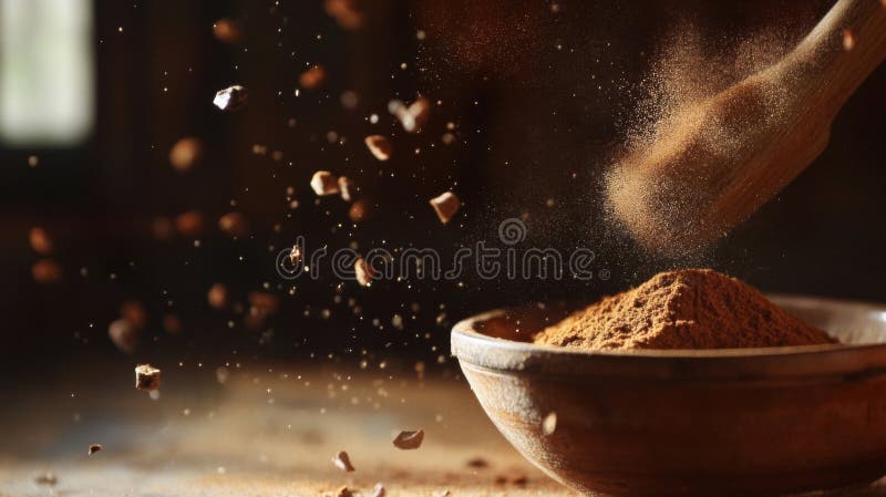 Cocoa Powder Falling into Wooden Bowl, Dark Background Stock ...