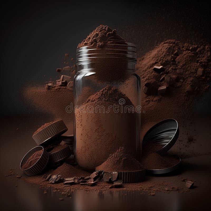 Cocoa Powder in a Jar and Chocolate Pieces on Dark Background Stock ...
