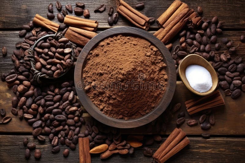 Cocoa Powder on Roasted Cocoa Chocolate Beans Backgroun Stock ...