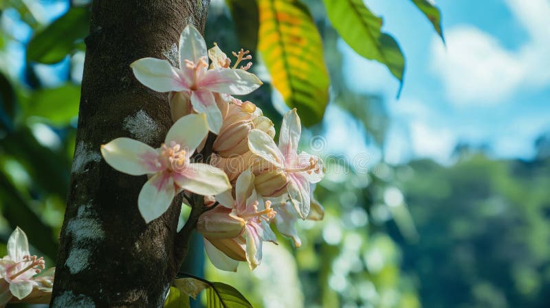 Cocoa Tree in Full Bloom, with Delicate White and Pink Flowers ...