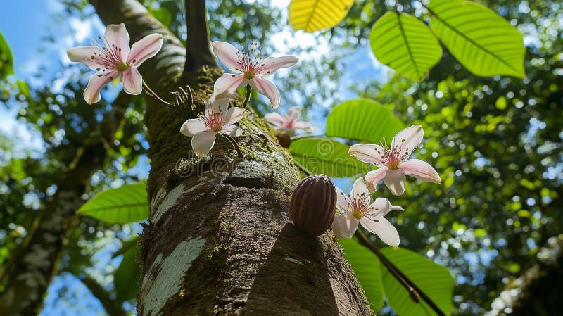 Cocoa Tree in Full Bloom, with Delicate White and Pink Flowers ...