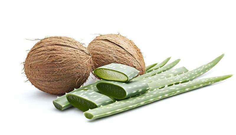 Coconut and Aloe Vera Leaves Isolated on White Stock Image - Image of ...