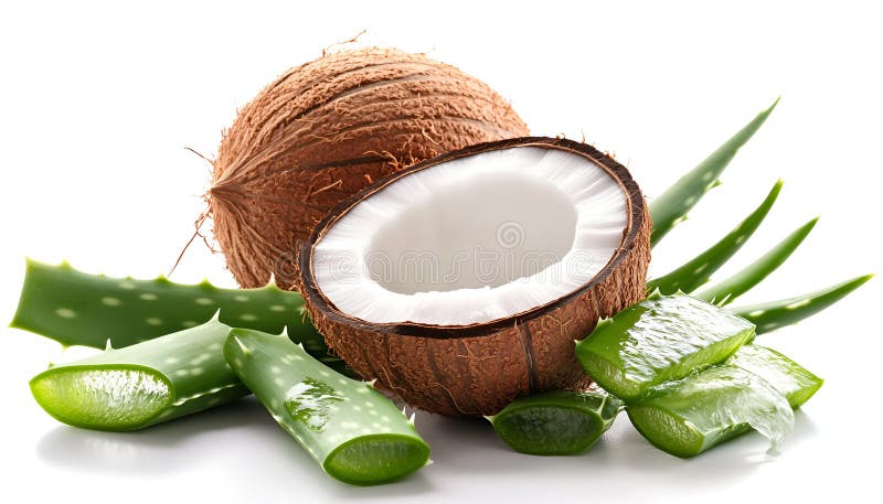 Coconut and Aloe Vera Leaves Isolated on White Stock Photo - Image of ...