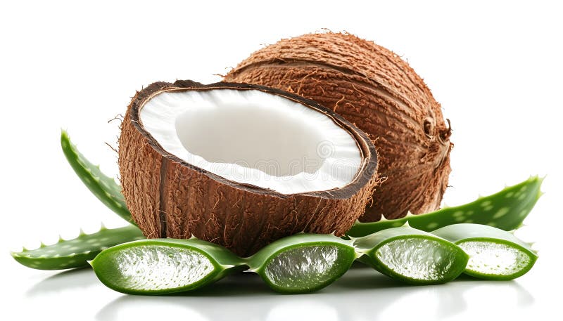Coconut and Aloe Vera Leaves Isolated on White Stock Photo - Image of ...