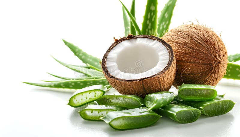 Coconut and Aloe Vera Leaves Isolated on White Stock Photo - Image of ...
