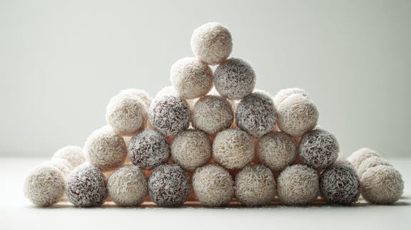 Coconut Balls Arranged in a Triangle Pattern Create an Enticing Display ...