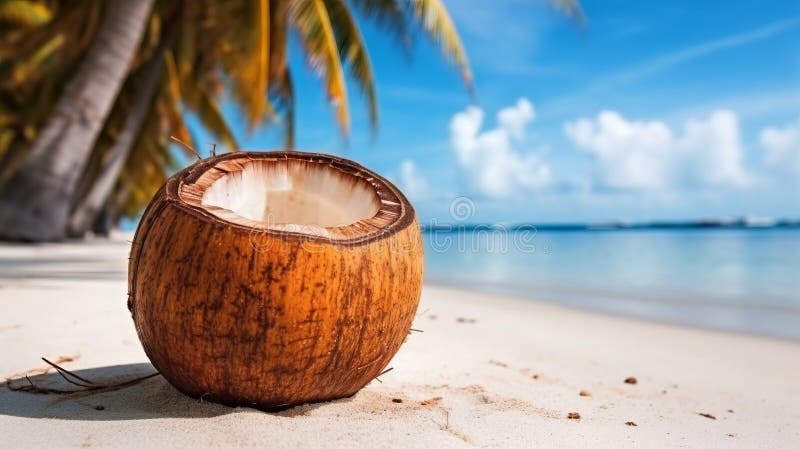 Coconut on the Beach with Copy Space. Summer Vacation. Generative AI ...