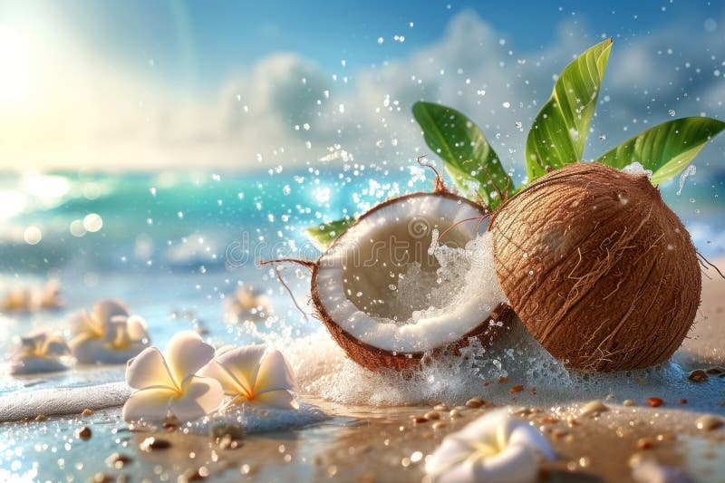 Coconut on Beach with Splashing Water. Generative AI Stock Illustration ...