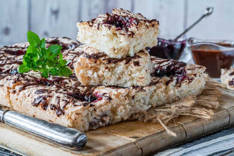 Coconut and Jam Macaroon Traybake Stock Image - Image of decorated ...