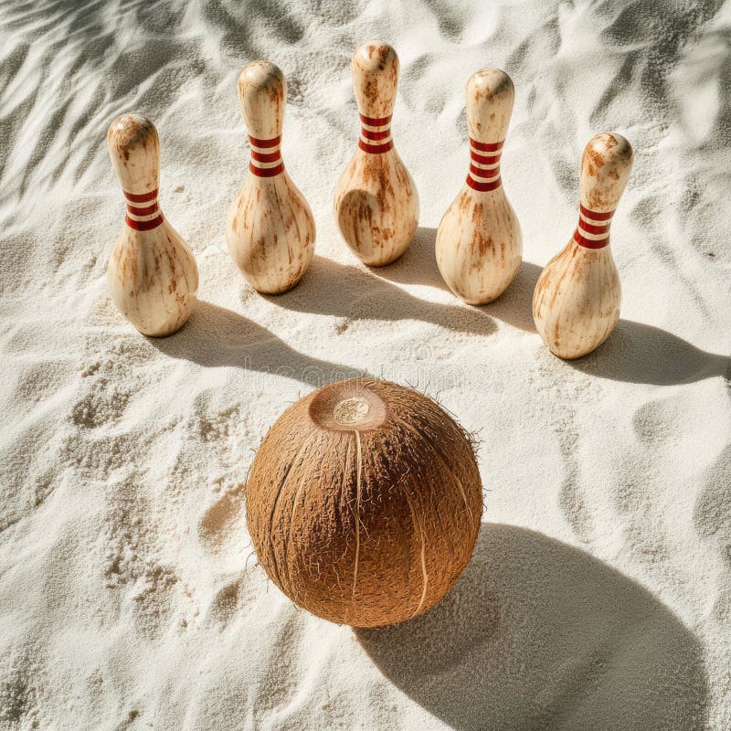 Coconut Sphere Rolls Towards Onion Pins on Sandy Surface in a Playful ...