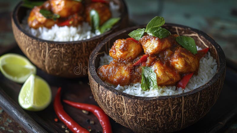 Coconut Bowls of Thai Fish Curry Over Rice Stock Illustration ...